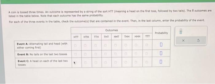 Solved A coin is tossed three times. An outcome is | Chegg.com