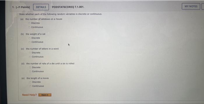 Solved State whether each of the foliowing random variables | Chegg.com