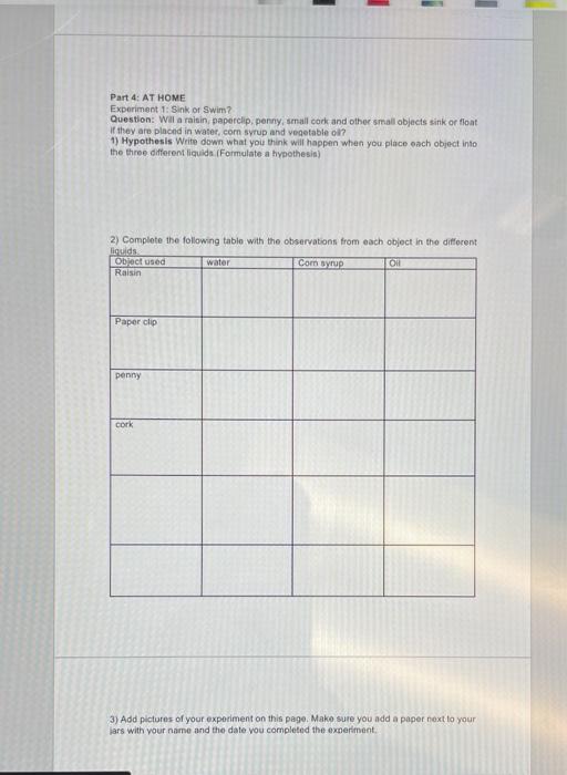 Solved ! Part 4: AT HOME Experiment 1: Sink or Swim? | Chegg.com