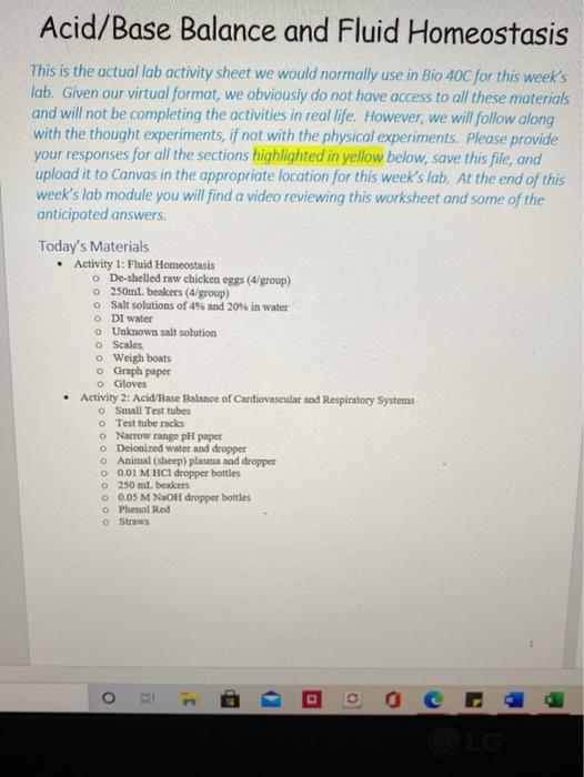 Solved Acid/Base Balance and Fluid Homeostasis This is the | Chegg.com