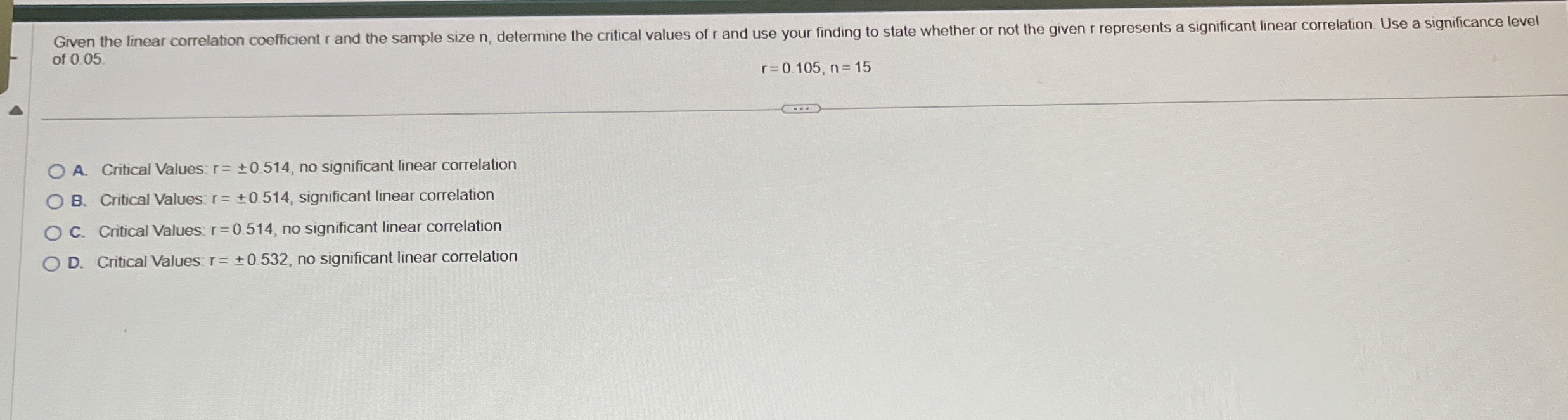 Solved of 0.05r=0.105,n=15A. ﻿Critical Values: r=+-0.514, | Chegg.com