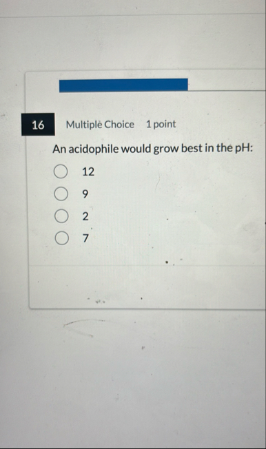 Solved 16Multiplè ﻿Choice 1 ﻿pointAn acidophile would grow | Chegg.com