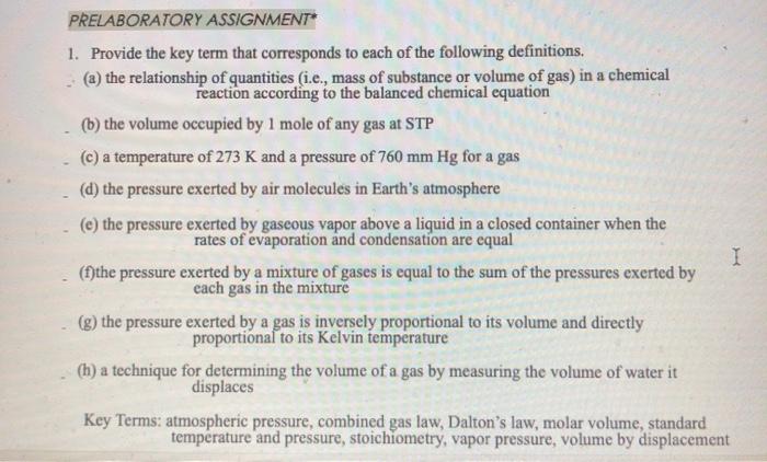 Solved PRELABORATORY ASSIGNMENT 1. Provide the key term that | Chegg.com
