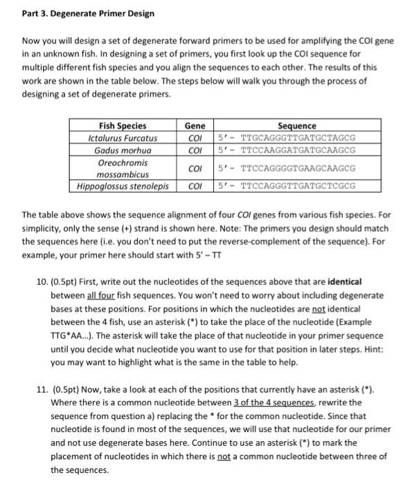 Part 3. Degenerate Primer Design Now you will design | Chegg.com