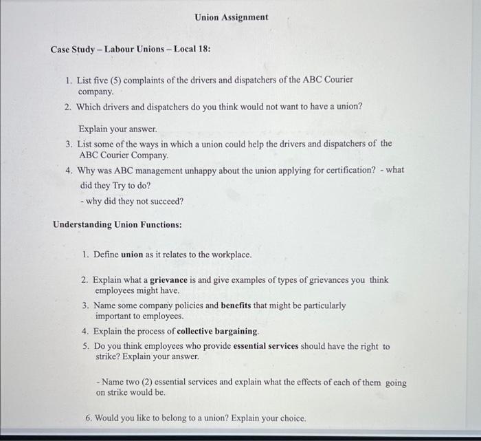 Solved Formation of Local 18 of the Canadian Union of | Chegg.com