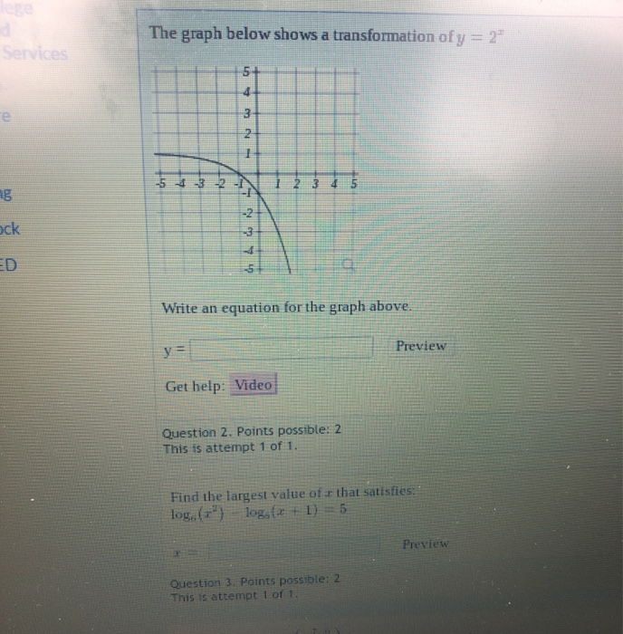 Solved The graph below shows a transformation ofy = 2 | Chegg.com