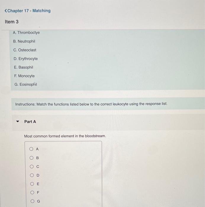 Solved Chapter 17 - Matching tem 3 A. Thromboctye B. | Chegg.com