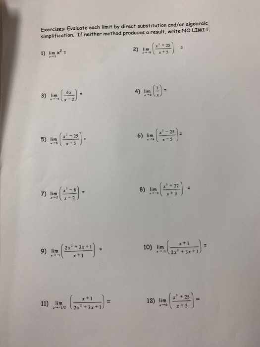 Solved Exercises: Evaluate each limit by direct substitution | Chegg.com