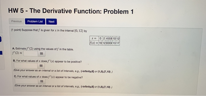 Solved HW 5 - The Derivative Function: Problem 1 Previous | Chegg.com