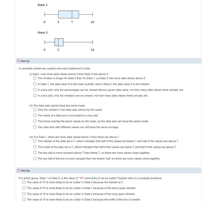Solved Part (a) Data 1 0 Data 2 F Part (b) 0 5 5 7 10 In | Chegg.com