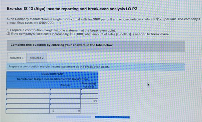 Solved Exercise 18-10 (Algo) Income reporting and break-even | Chegg.com