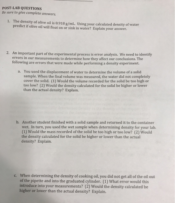 Solved POST-LAB QUESTIONS Be sure to give complete answers. | Chegg.com