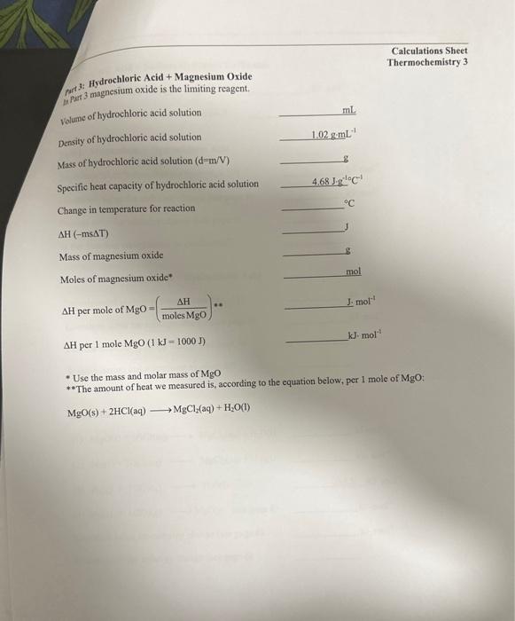 Solved Data Sheet Thermochemistry part 1: Citric Acid + | Chegg.com