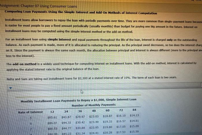 Solved ssignment: Chapter 07 Using Consumer Loans Comparing | Chegg.com