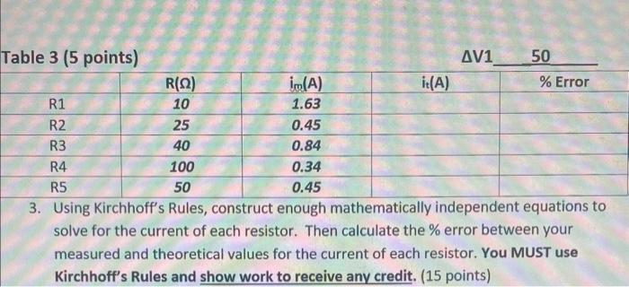 Table 3 (5 points) ΔV150 3. Using Kirchhoff's Rules, | Chegg.com
