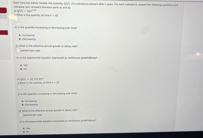Solved Each function below modeis the quantity, Q(t), of a | Chegg.com