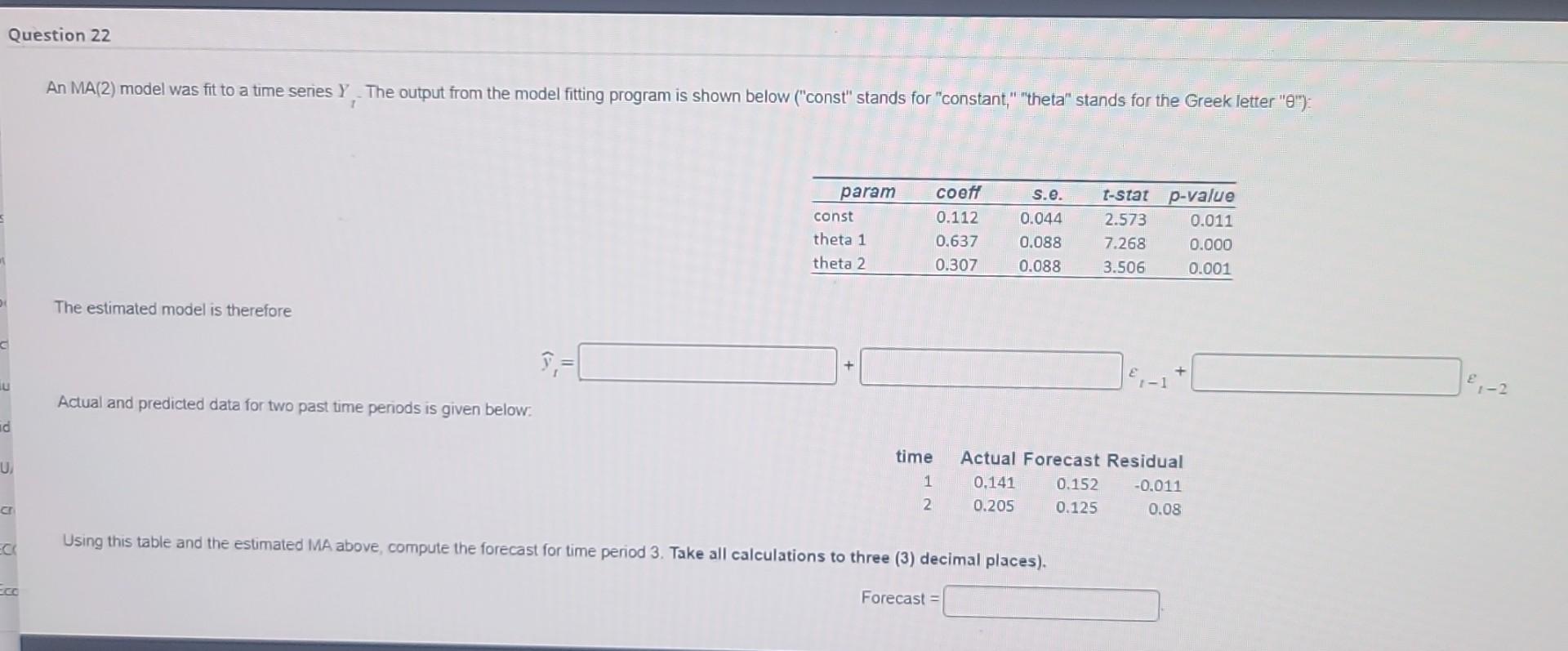 Solved An MA(2) model was fit to a time series Yi. The | Chegg.com