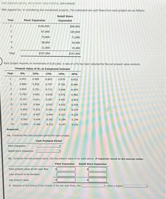 Solved Cash parback pernod, net preere value frethod, and | Chegg.com