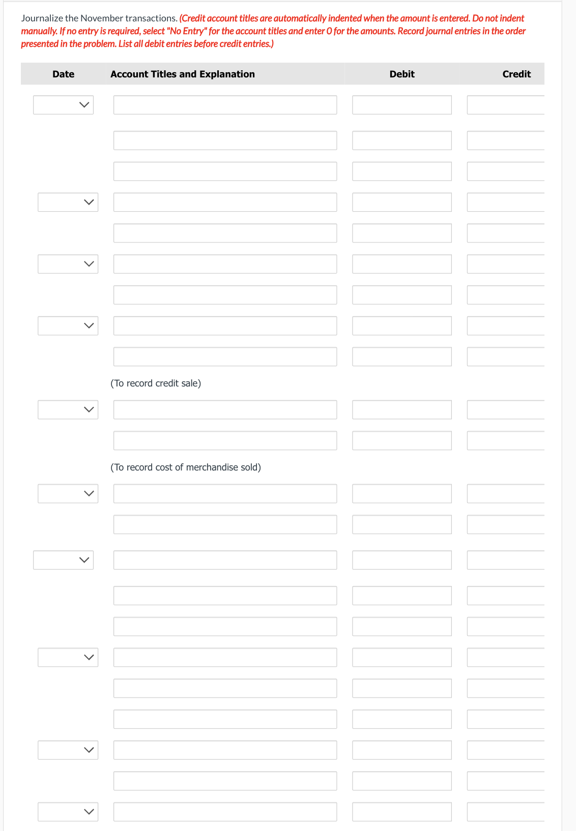 Solved Journalize the November transactions. (Credit account | Chegg.com