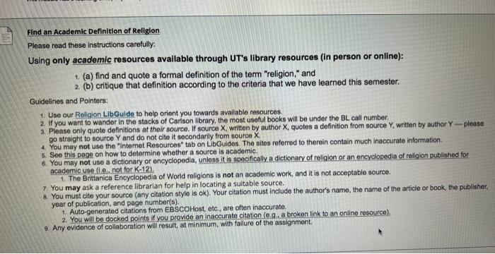 Find an Academic Definition of Religion Please read | Chegg.com