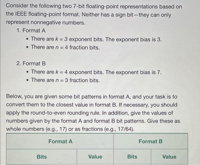 Solved Consider the following two 7-bit floating-point | Chegg.com