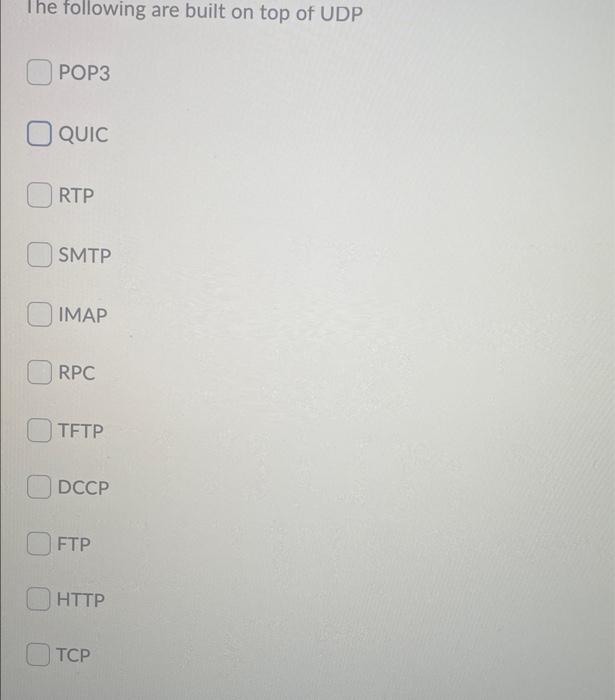Solved The following are built on top of UDP POP3 QUIC RTP | Chegg.com