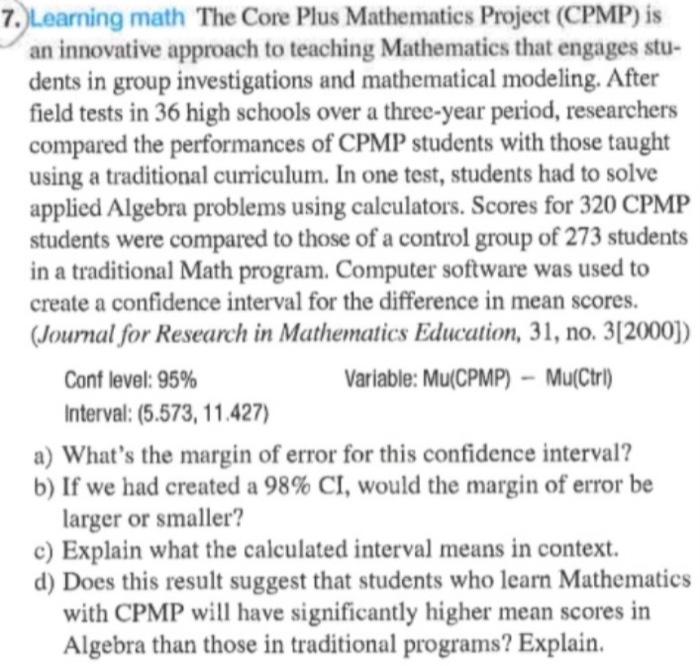 Solved 7. Learning math The Core Plus Mathematics Project | Chegg.com