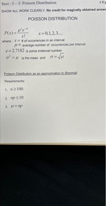 Solved Sect : 5−3: Poisson Distribution SHOW ALL WORK | Chegg.com