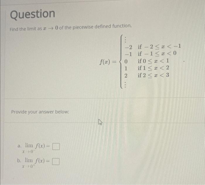 Question Find the limit as → 0 of the piecewise | Chegg.com