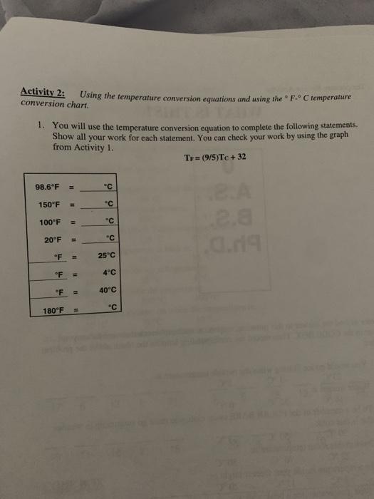 Solved Activity 2: conversion chart the temperature | Chegg.com