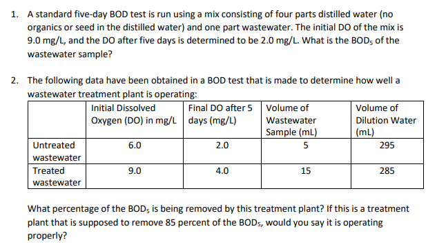 Solved 1. ﻿A standard five-day BOD test is run using a mix | Chegg.com