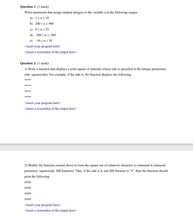 Solved Question 1: (1 mark) Write statements that assign | Chegg.com