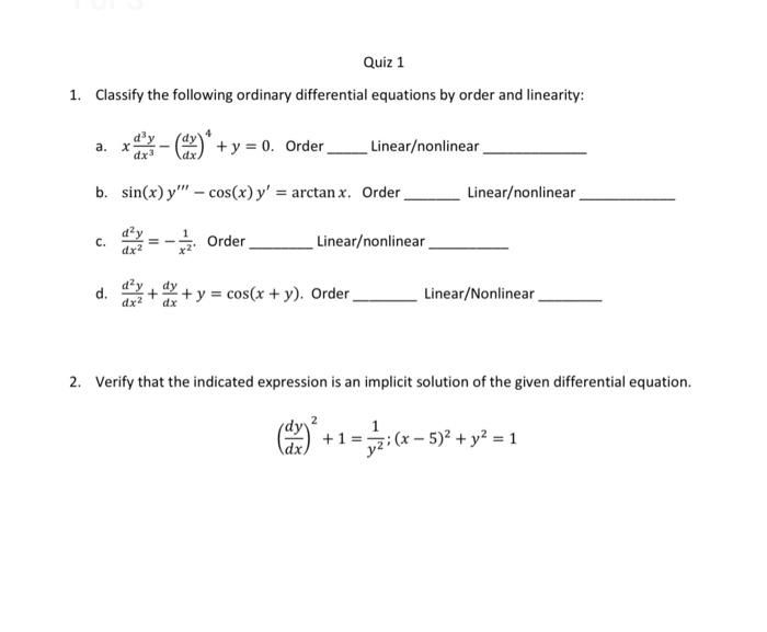 Solved Quiz 1 1. Classify the following ordinary | Chegg.com