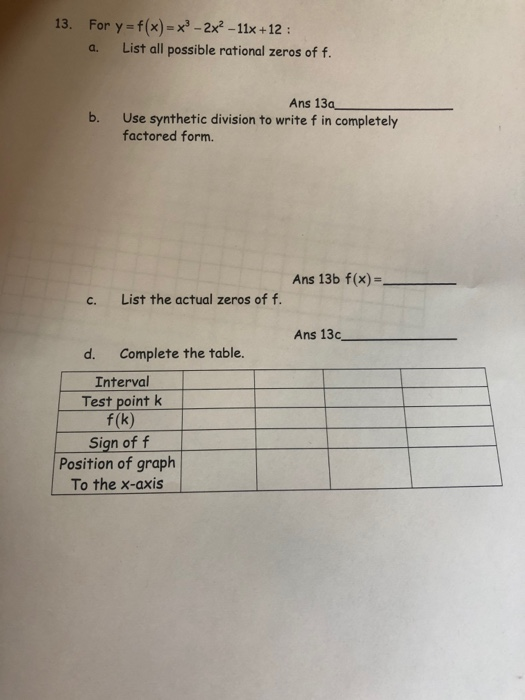 Solved 13. For y = f(x) = x-2x? - 11x +12 : a. List all | Chegg.com