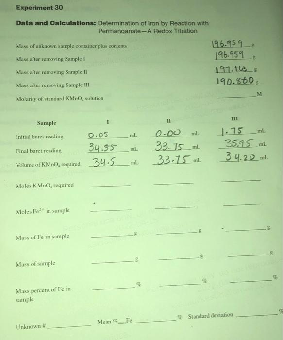 Solved Experiment 30 E Data and Calculations: Determination | Chegg.com