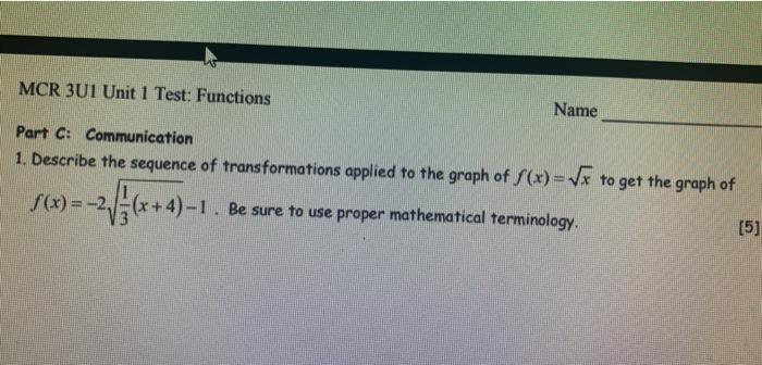Solved MCR 3U1 Unit 1 Test: Functions Name Part C: | Chegg.com