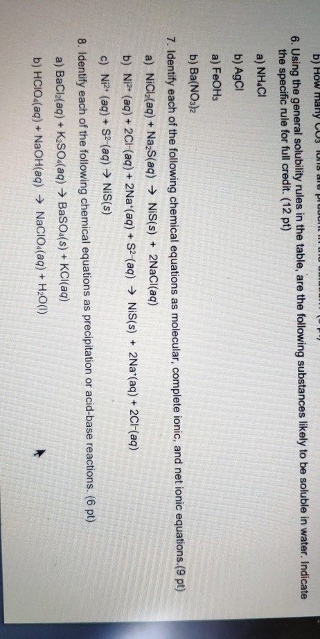 Solved b) 6. Using the general solubility rules in the | Chegg.com