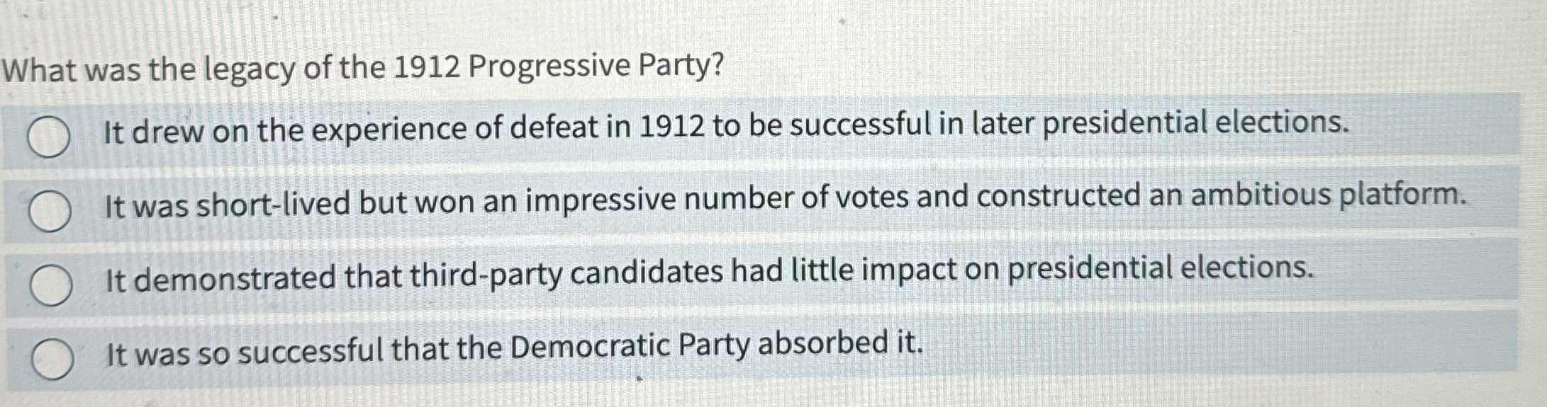 Solved What was the legacy of the 1912 ﻿Progressive Party?It | Chegg.com