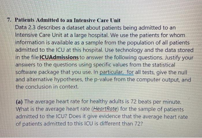 7. Patients Admitted to an Intensive Care Unit Data | Chegg.com