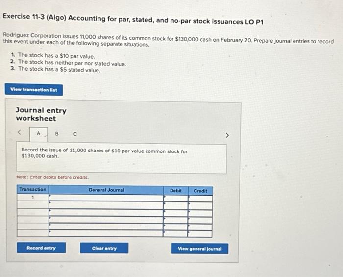 Solved Exercise 11-3 (Algo) Accounting for par, stated, and | Chegg.com