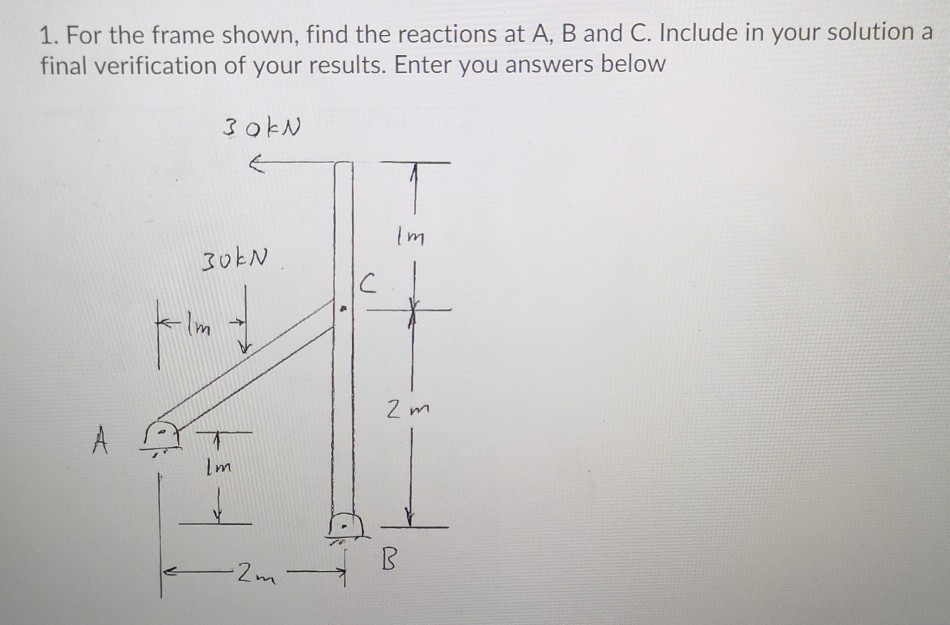 Solved 1. For the frame shown, find the reactions at A, B | Chegg.com