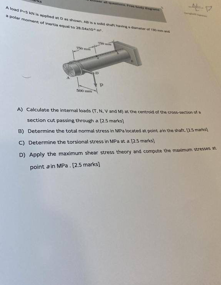 Solved A load P=5kN ﻿is applied at D ﻿as shown. AB ﻿is a | Chegg.com
