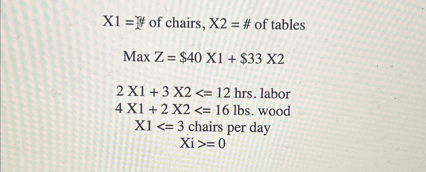 Solved x1=# of chairs, x2=# of tables ﻿Max | Chegg.com