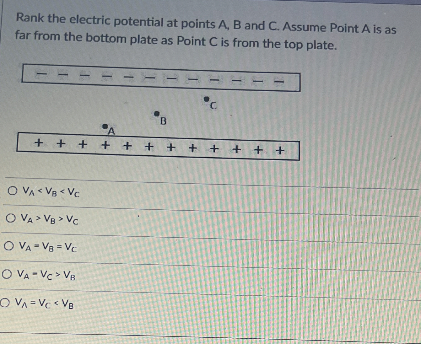 Solved Rank the electric potential at points A, ﻿B and C. | Chegg.com