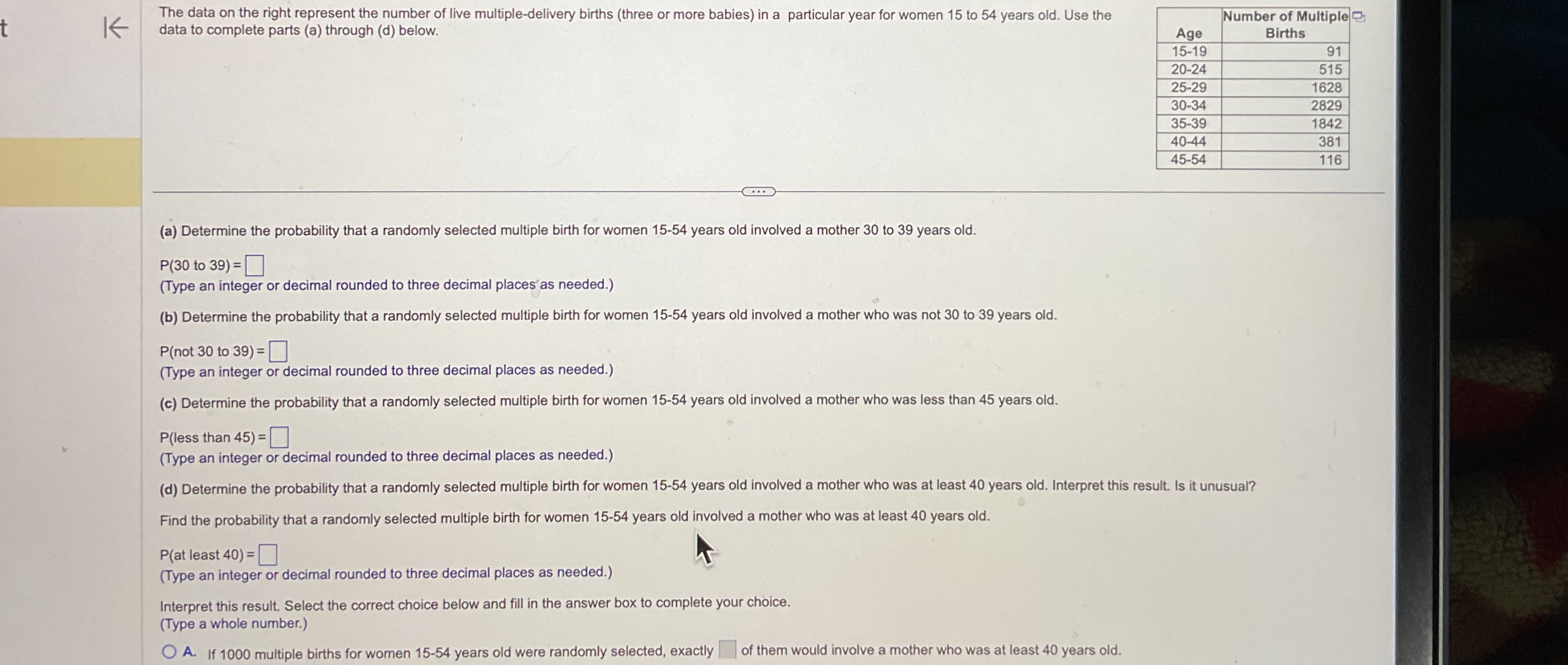Solved The data on the right represent the number of live | Chegg.com