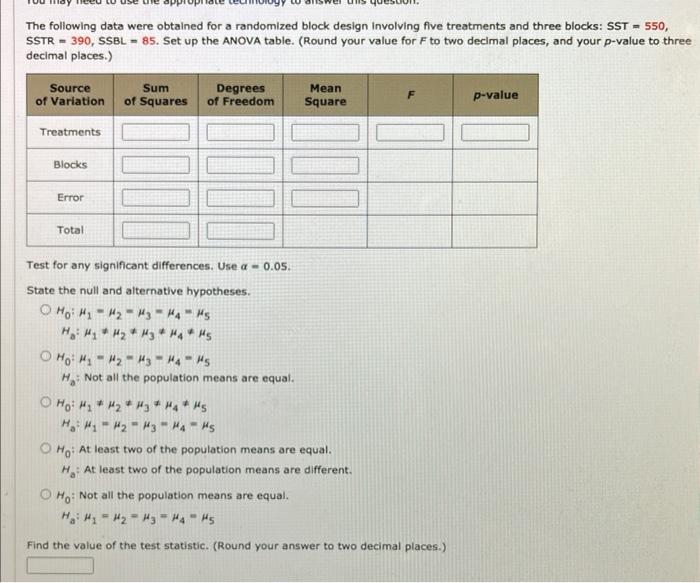 Solved The following data were obtained for a randomized | Chegg.com