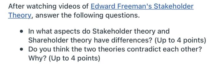 Solved After watching videos of Edward Freeman's Stakeholder | Chegg.com