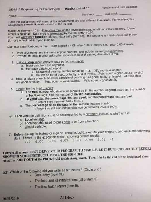 Solved 2820:310 Programming for Technologists Assignment 11 | Chegg.com