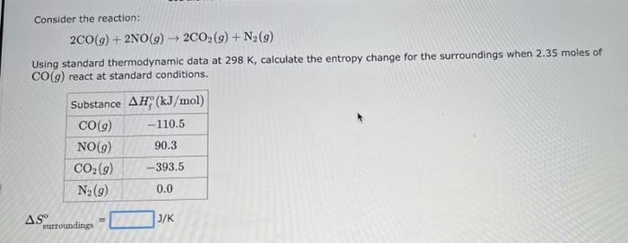 Solved Consider the reaction: 2CO(g)+2NO(g)→2CO2(g)+N2(g) | Chegg.com