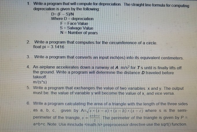 Solved 1. Write a program that will compute for | Chegg.com